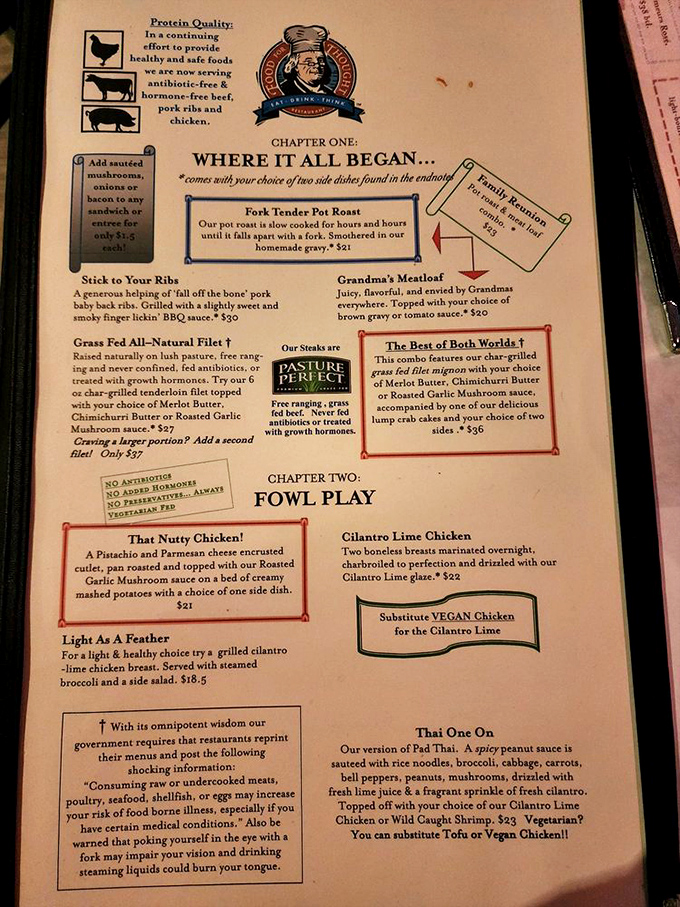 The menu reads like chapters in a delicious novel, with "Fowl Play" and "Where It All Began" sections that make ordering an intellectual adventure.
