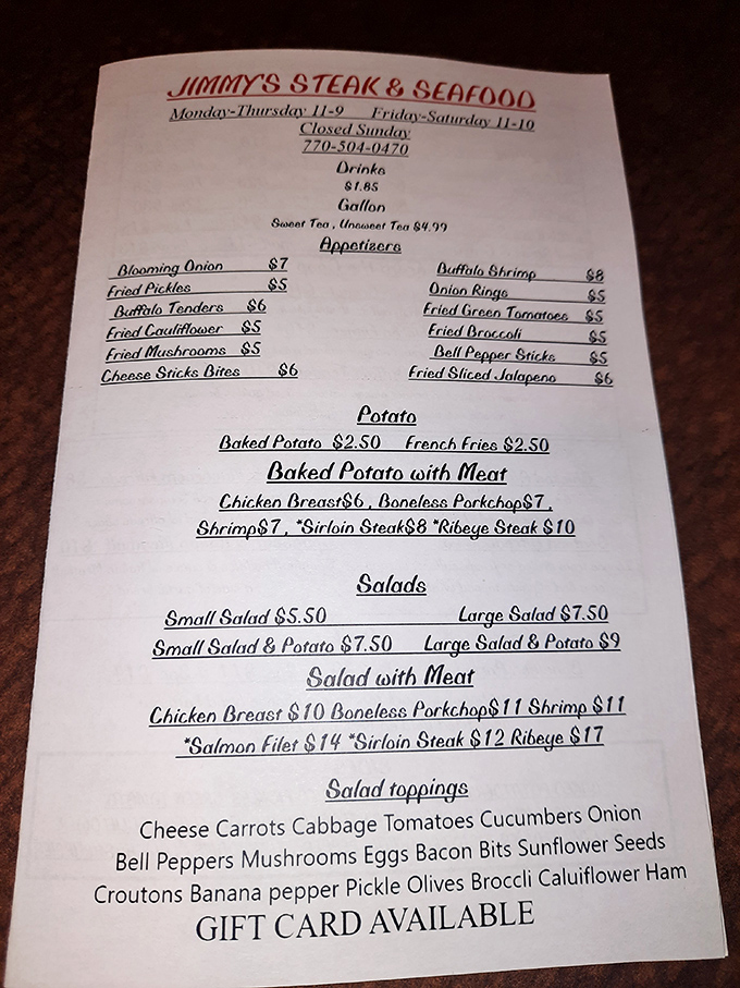 This menu reads like a love letter to carnivores and seafood enthusiasts alike. No fancy chef-speak, just honest food that delivers.