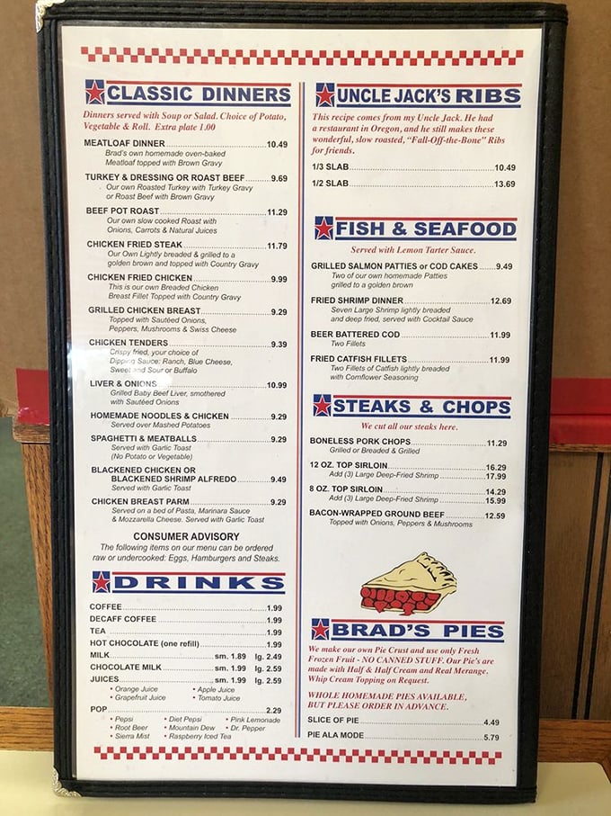 The menu reads like a love letter to American comfort food&mdash;complete with "Brad's Pies" getting their own well-deserved spotlight.