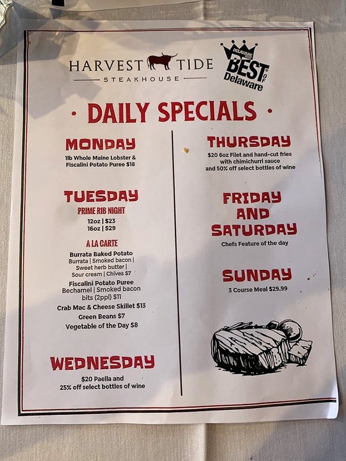 This isn't just a menu; it's a roadmap to happiness. Tuesday's Prime Rib Night has created more weekly traditions than family game night ever could.