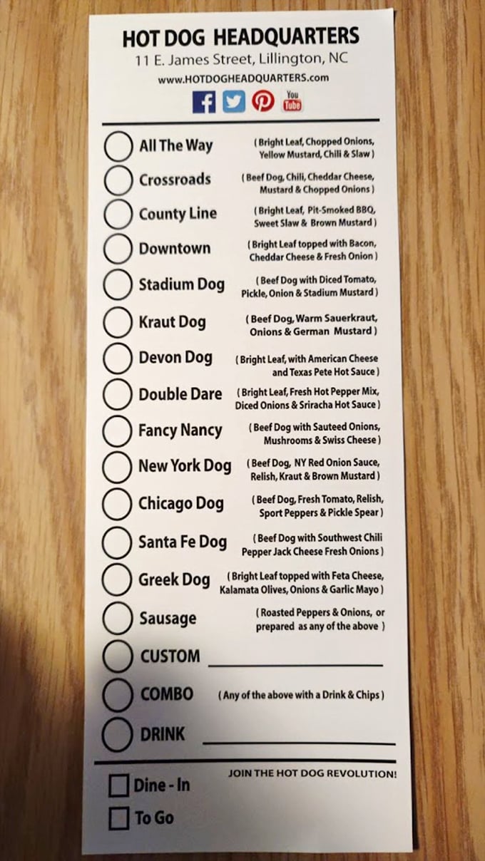 The menu reads like a global hot dog tour, from Carolina classics to international inspirations. Decision paralysis has never been so delicious.