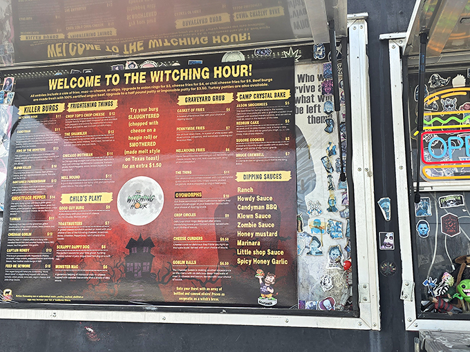 When a menu reads "Killer Burbs" and "Graveyard Grub," you know you're in for something special. The dipping sauce selection alone deserves its own horror franchise.