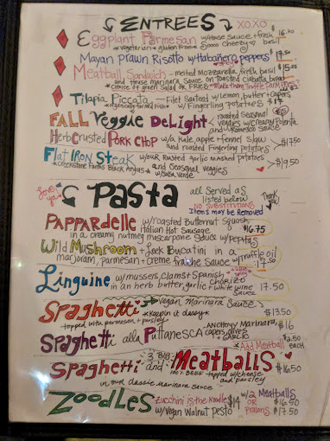 A handwritten menu that feels like getting a love letter from your Italian grandmother—if she had rainbow markers and artistic flair.