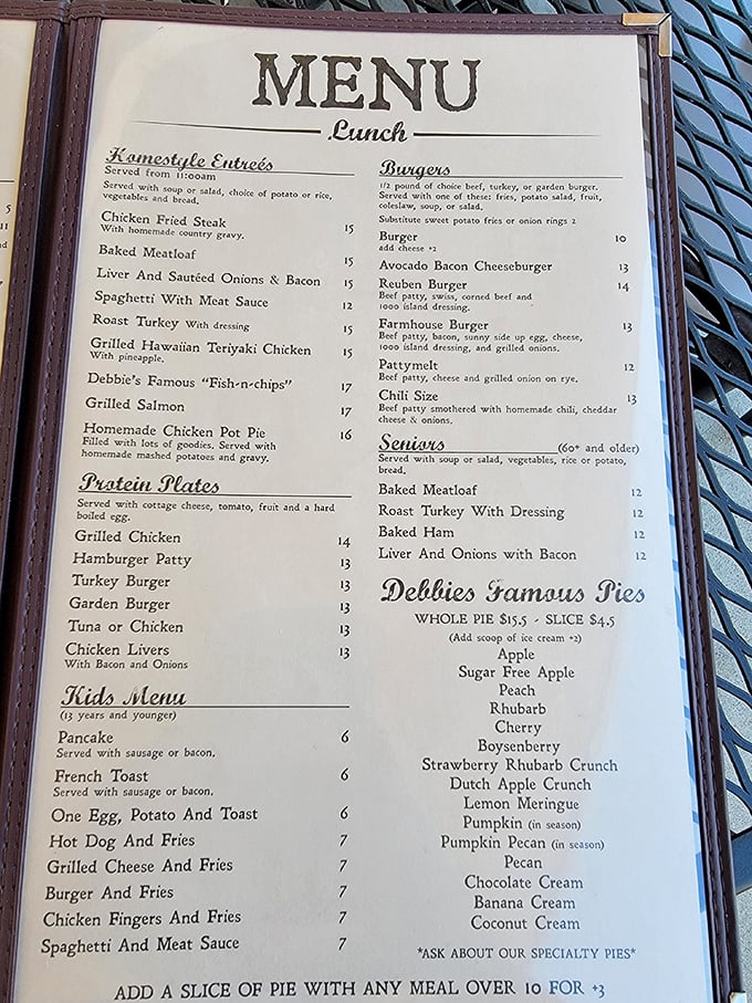 This menu isn't just a list of options &ndash; it's a roadmap to comfort food nirvana. Notice how "Famous Pies" gets its own special section?