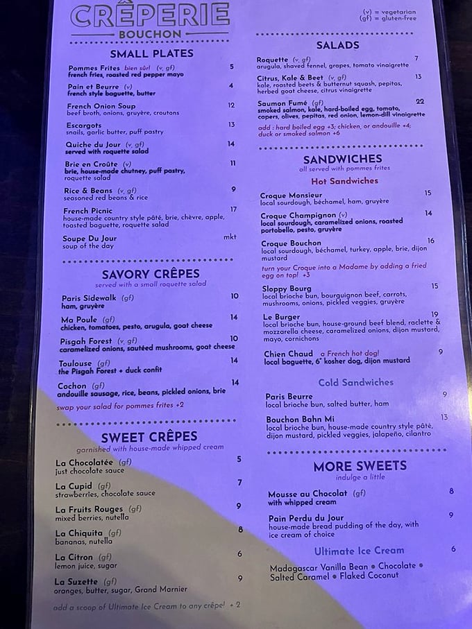 The menu reads like a love letter to French comfort food, with cr&ecirc;pes, classics, and that legendary French onion soup calling your name.