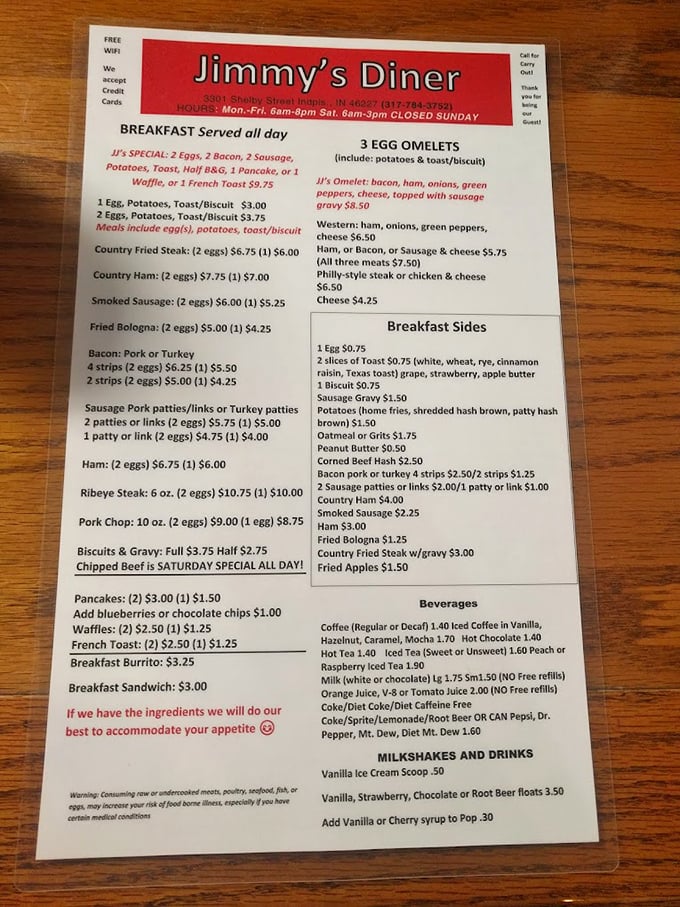 This menu is the roadmap to happiness&mdash;breakfast served all day because Jimmy's understands that sometimes your soul needs biscuits and gravy at 3pm.