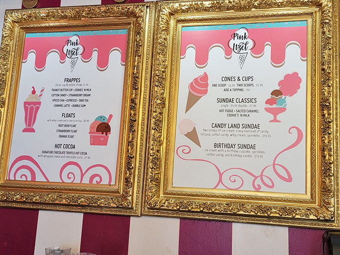 These gilded menus, framed like Renaissance masterpieces, offer sweet treasures that would make even the most disciplined dieters whisper, "Just this once."