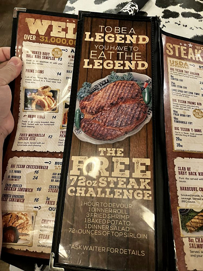 The menu's centerpiece challenge dares you to eat 72 ounces of steak in an hour. Your cardiologist just felt a disturbance in the force.