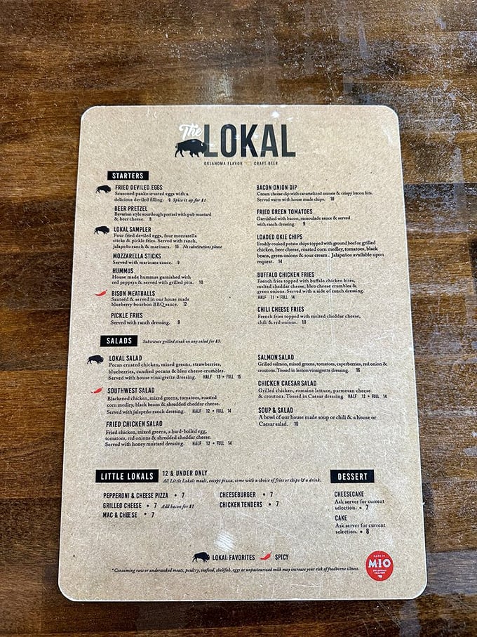 A menu that reads like a love letter to Oklahoma flavors. Each item promises a journey worth taking, especially those deep-fried deviled eggs!