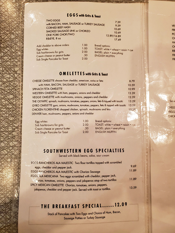 A menu that doesn't need translation&mdash;just pure, honest diner vocabulary. Each line reads like a love letter to breakfast traditions.