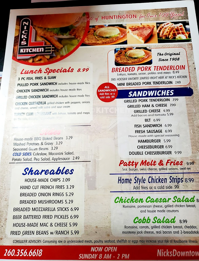 The menu at Nick's proudly announces "the original since 1908" breaded pork tenderloin &ndash; a sandwich so legendary it belongs in the Hoosier Hall of Fame.