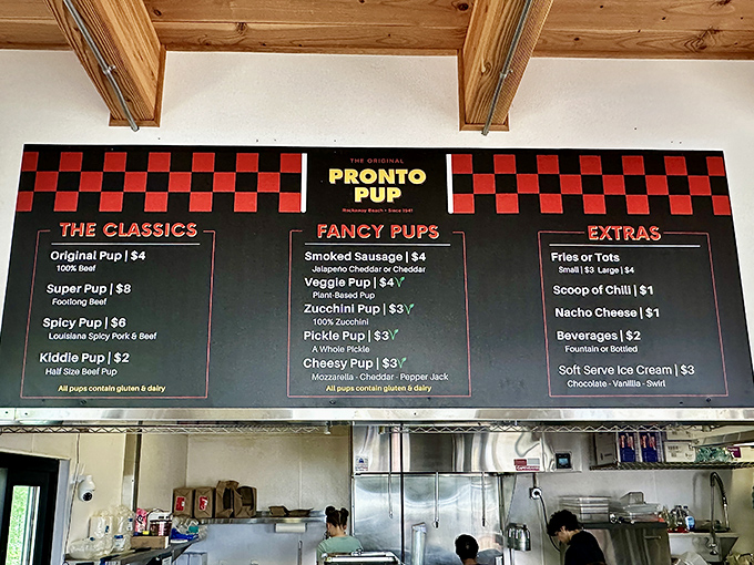 The menu board tells a story of deep-fried devotion&mdash;from classic pups to adventurous options like zucchini and pickle versions. 