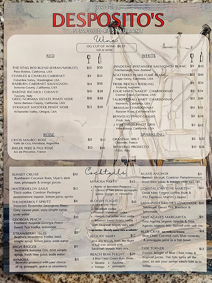 Not just a menu, but a roadmap to happiness. The cocktail selection alone would make a sailor extend shore leave.