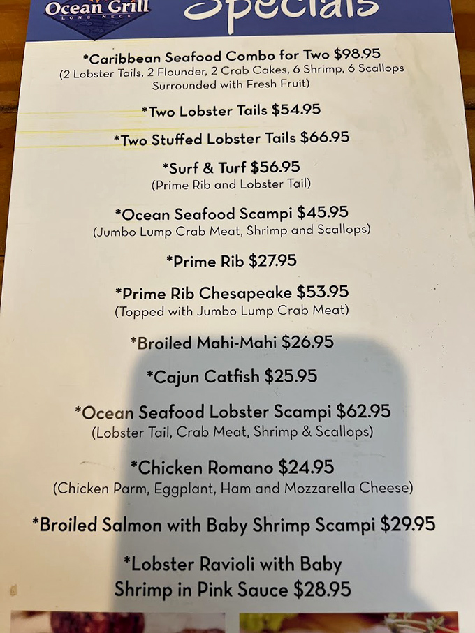 This menu reads like a love letter to seafood enthusiasts. The Caribbean Seafood Combo might be the most romantic "dinner for two" since Lady and the Tramp shared spaghetti.