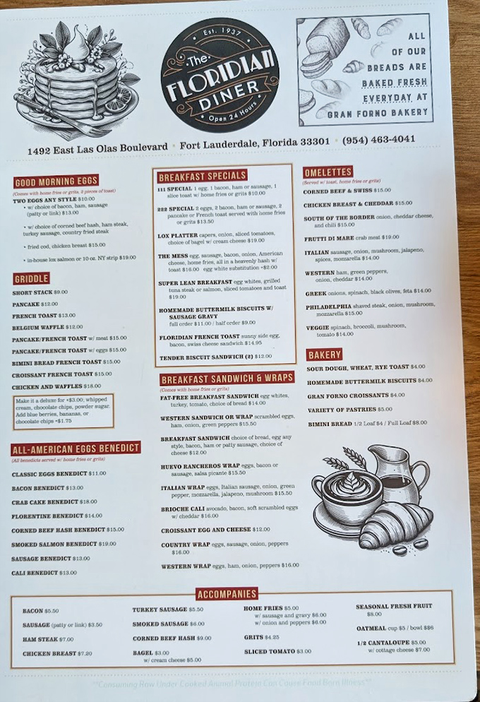 This menu isn't just a list of food&mdash;it's a roadmap to happiness with more Benedict options than there are flamingos in the Everglades.