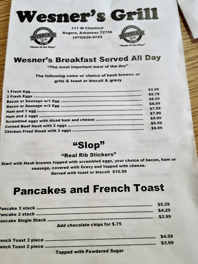 "Home of the Slop" isn't just a tagline—it's a promise. This menu reads like poetry to anyone who believes breakfast deserves all-day status.