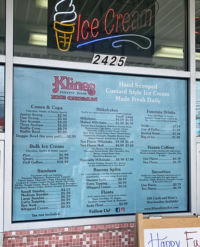 The menu board at Kline's&mdash;a sacred text of frozen delights. Study it like you're cramming for the most delicious exam of your life.