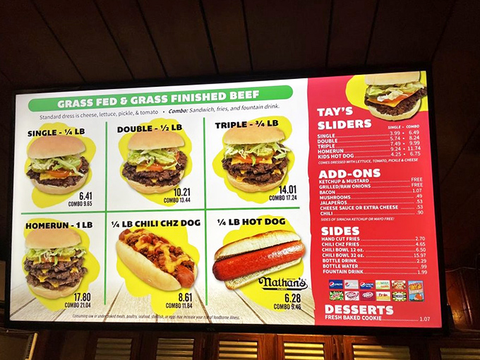 The menu board announces its priorities loud and clear: grass-fed and grass-finished beef in portions from sensible to "did you skip breakfast AND lunch?"