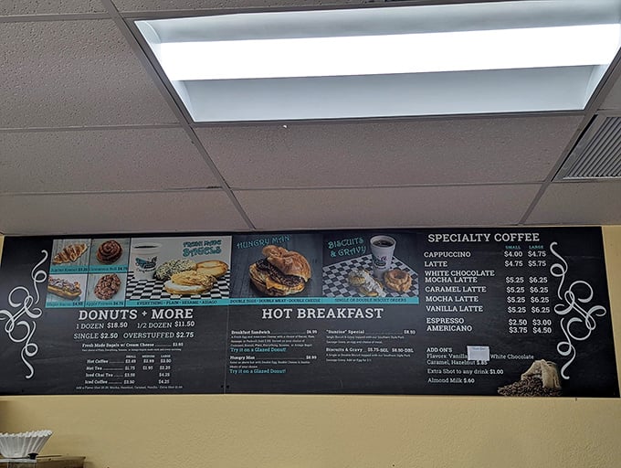 Life's big decisions happen at this menu board. "Just one donut" quickly becomes "I'll take a dozen... and coffee."
