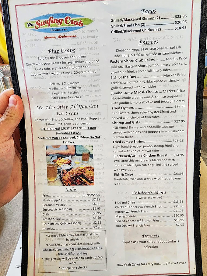 This menu isn't just a list of options&mdash;it's a treasure map. Note the stern warning about the all-you-can-eat crabs: they're serious about their seafood.