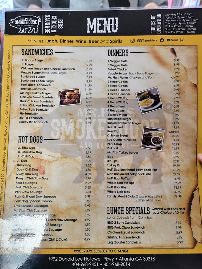 A menu that reads like a love letter to smoked meat. The stains aren't printing errors&mdash;they're badges of honor from countless satisfied customers.