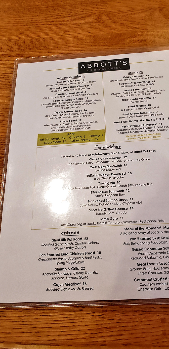 A menu that reads like a love letter to both land and sea. The French onion soup isn't just listed—it's practically calling your name.