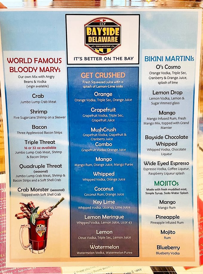 This drink menu isn't messing around&mdash;it's essentially a passport to vacation mode. One "Crab Monster" Bloody Mary, and Monday feels like Saturday.