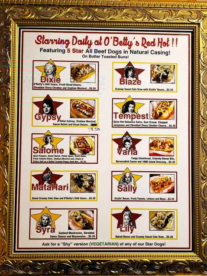 The menu reads like a playbill for a delicious show. Each hot dog, named after a famous burlesque performer, promises its own unique performance.