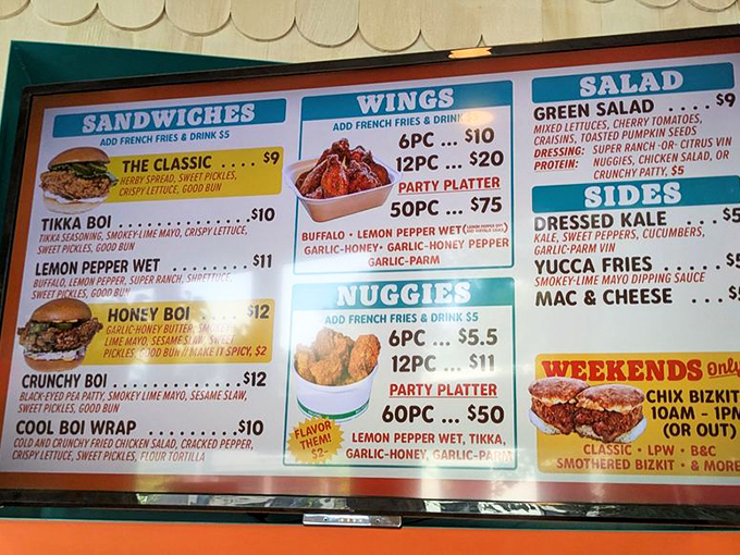 This isn't just a menu&mdash;it's a roadmap to happiness. The "Boi" sandwich lineup reads like poetry to chicken lovers.