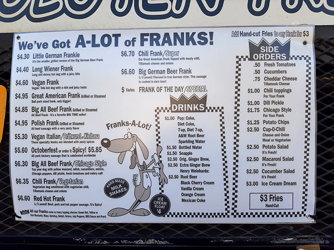 A menu board that reads like poetry to the hungry. Each frank has its own personality, like characters in a delicious sitcom. 