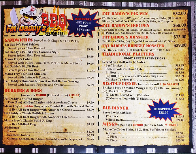 This menu isn't just a list of food&mdash;it's a declaration of smoky independence. The "Pig Pen" alone could feed a small militia.