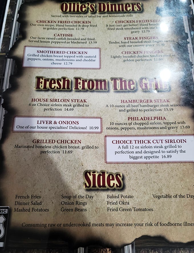 The menu reads like a love letter to heartland cooking. From hand-breaded chicken fried steak to farm-raised catfish, these are meals that could fuel a cross-country locomotive journey.