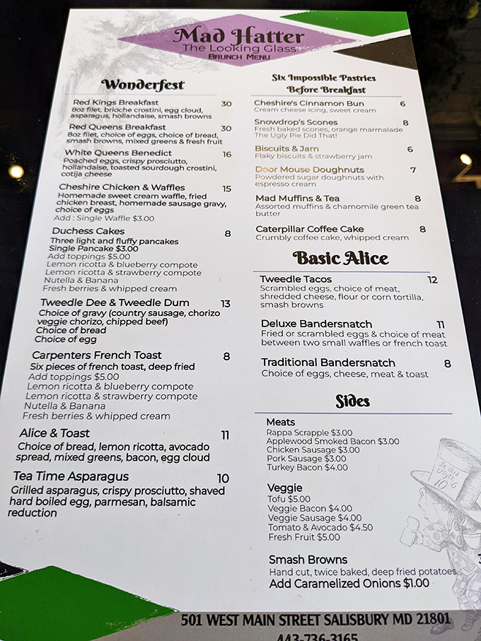 The Looking Glass Brunch Menu reads like Carroll's fever dream&mdash;Tweedle Tacos, Cheshire Chicken & Waffles, and Door Mouse Doughnuts tempt curious appetites.
