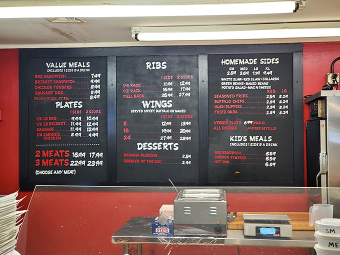 This chalkboard menu isn't just a list of options&mdash;it's a roadmap to happiness written in the universal language of smoked meats and homemade sides.