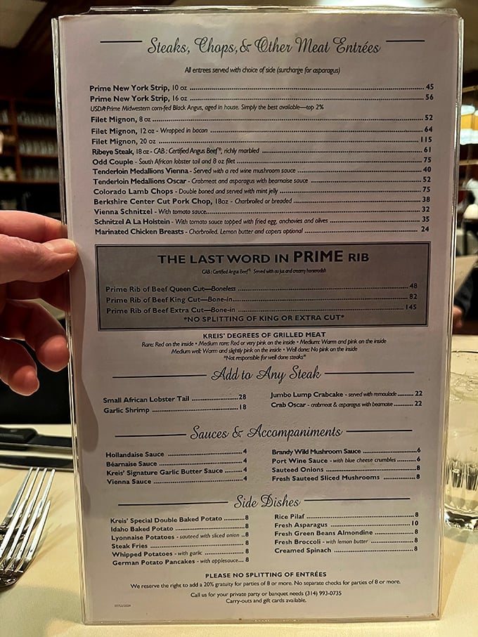 The menu reads like a love letter to carnivores, with "THE LAST WORD IN PRIME RIB" commanding center stage&mdash;a declaration backed by decades of delicious proof.