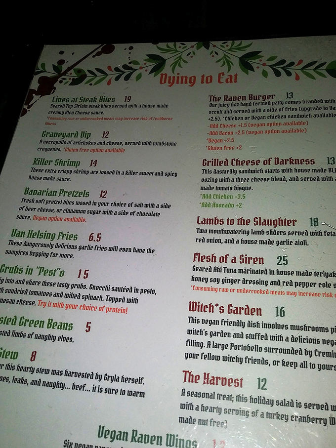 A menu that's "Dying to Eat" isn't kidding around&mdash;clever names like "Graveyard Dip" and "Flesh of a Siren" set the macabre mood.