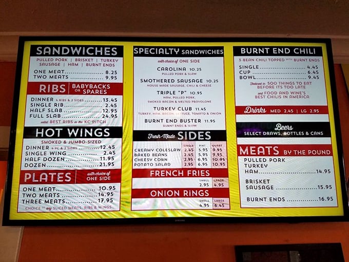 This isn't just a menu&mdash;it's a roadmap to happiness. Each line represents a different path to barbecue nirvana, with burnt ends being the holy grail.