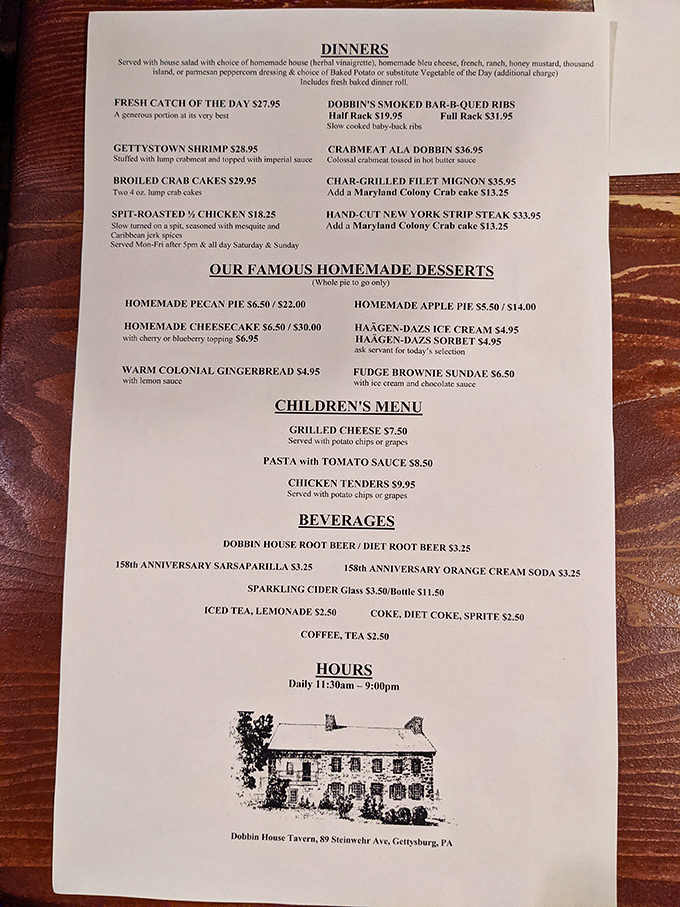 A menu that reads like a delicious history lesson, offering everything from prime rib to colonial gingerbread. Decision paralysis has never been so tasty.