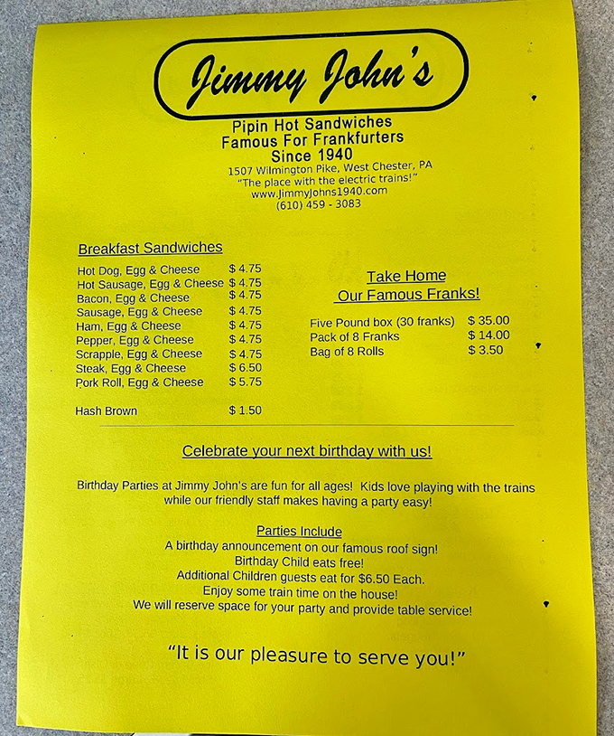 The bright yellow menu speaks volumes about Jimmy John's philosophy: do a few things exceptionally well. Breakfast sandwiches and famous franks—what more could you need?