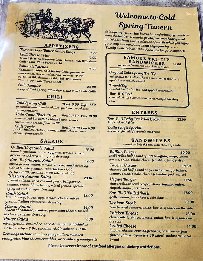 This isn't just a menu&mdash;it's a treasure map where X marks the spot for that legendary tri-tip sandwich and chili that could warm a gold miner's soul.