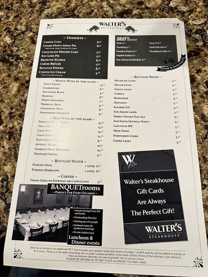 The dessert menu promises sweet redemption after your carnivorous adventure. That coffee ice cream might be your new religion.