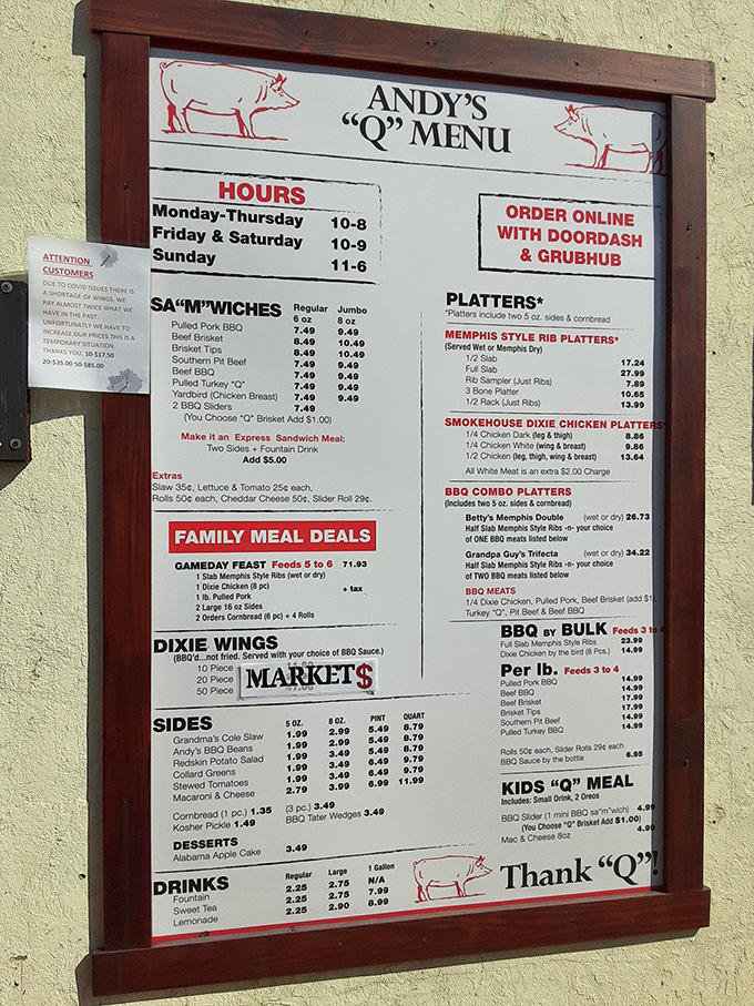 The menu board at Andy's doesn't mince words&mdash;just meat. That "Thank Q" sign says everything about their Southern hospitality.