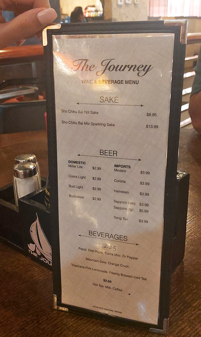 The beverage menu at The Journey offers everything from Sapporo to sake. Because proper hydration is essential when you're about to attempt an Olympic-level eating event.