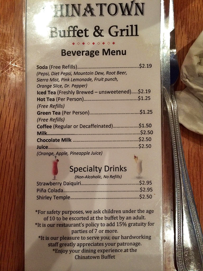 The beverage menu offers everything from freshly brewed iced tea to non-alcoholic Strawberry Daiquiris &ndash; because sometimes you need a virgin cocktail to wash down your third plate. 