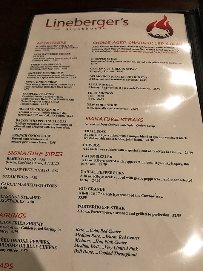 This isn't just a menu&mdash;it's a roadmap to happiness. The "Signature Steaks" section should come with a warning: "May cause involuntary happy noises."