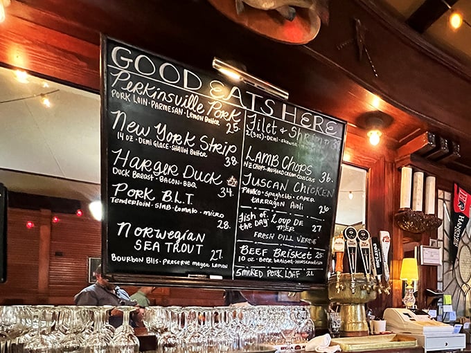 Take a look at this hand-written chalkboard menu where you can choose between savory pork, fresh seafood, or hearty steak.