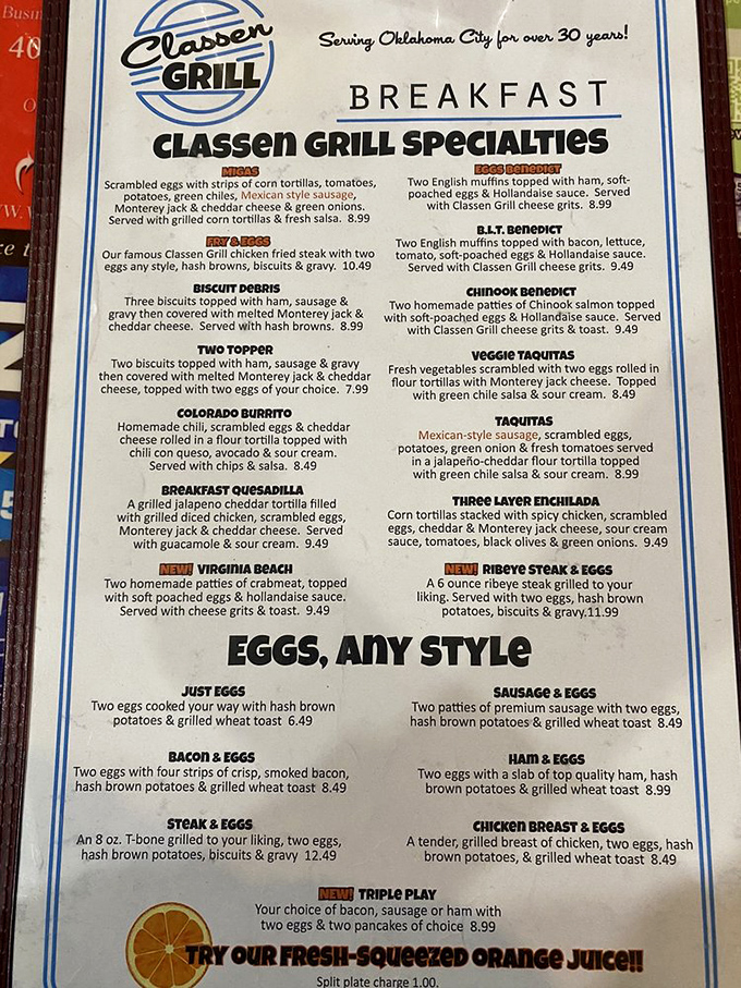 The breakfast menu reads like a love letter to morning indulgence, with specialties that have kept Oklahomans coming back for decades.