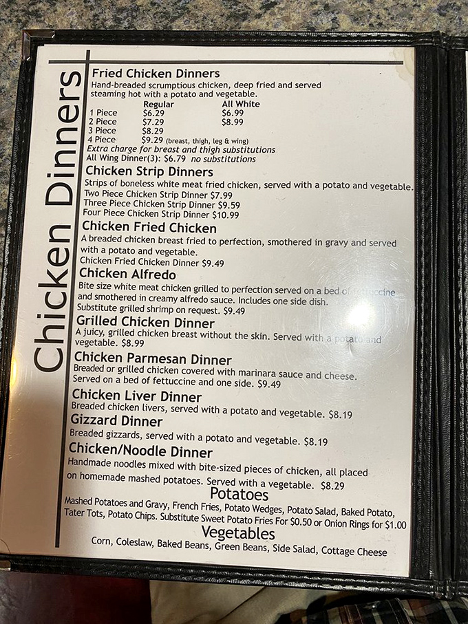 A menu that reads like poetry to chicken lovers. Each description promises hand-breaded perfection that would make Colonel Sanders rethink his life choices.
