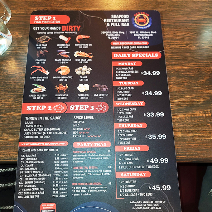 The menu reads like a treasure map for seafood lovers. X marks the spot where your taste buds strike gold.