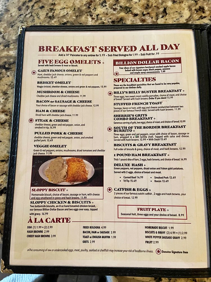 This menu isn't reading material &ndash; it's a roadmap to breakfast nirvana. Those starred items? Consider them the breakfast hall of fame.